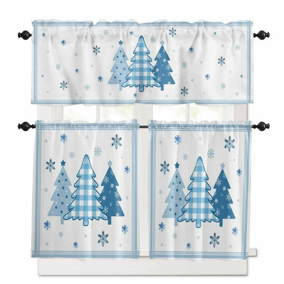 Blue Christmas Tree Kitchen Curtains Valances and Tiers Set of 3 Winter ...