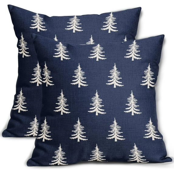 Blue Christmas Tree Pillow Covers 18x18 Inch Set of 2 Cream Xmas Tree ...