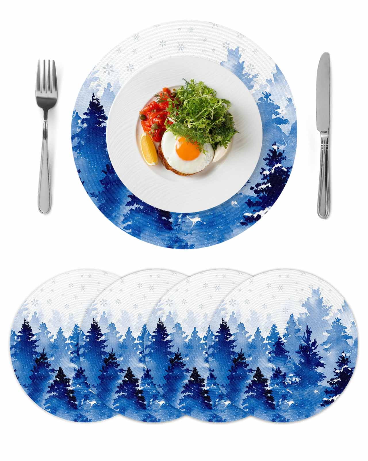 Blue Christmas Tree Round Table Placemats set of 4, Winter Retro Silver ...