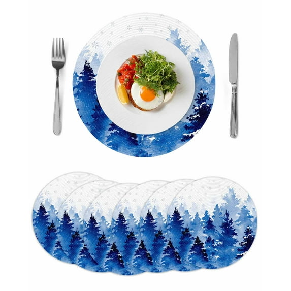 Blue Christmas Tree Round Table Placemats set of 6, Winter Retro Silver ...