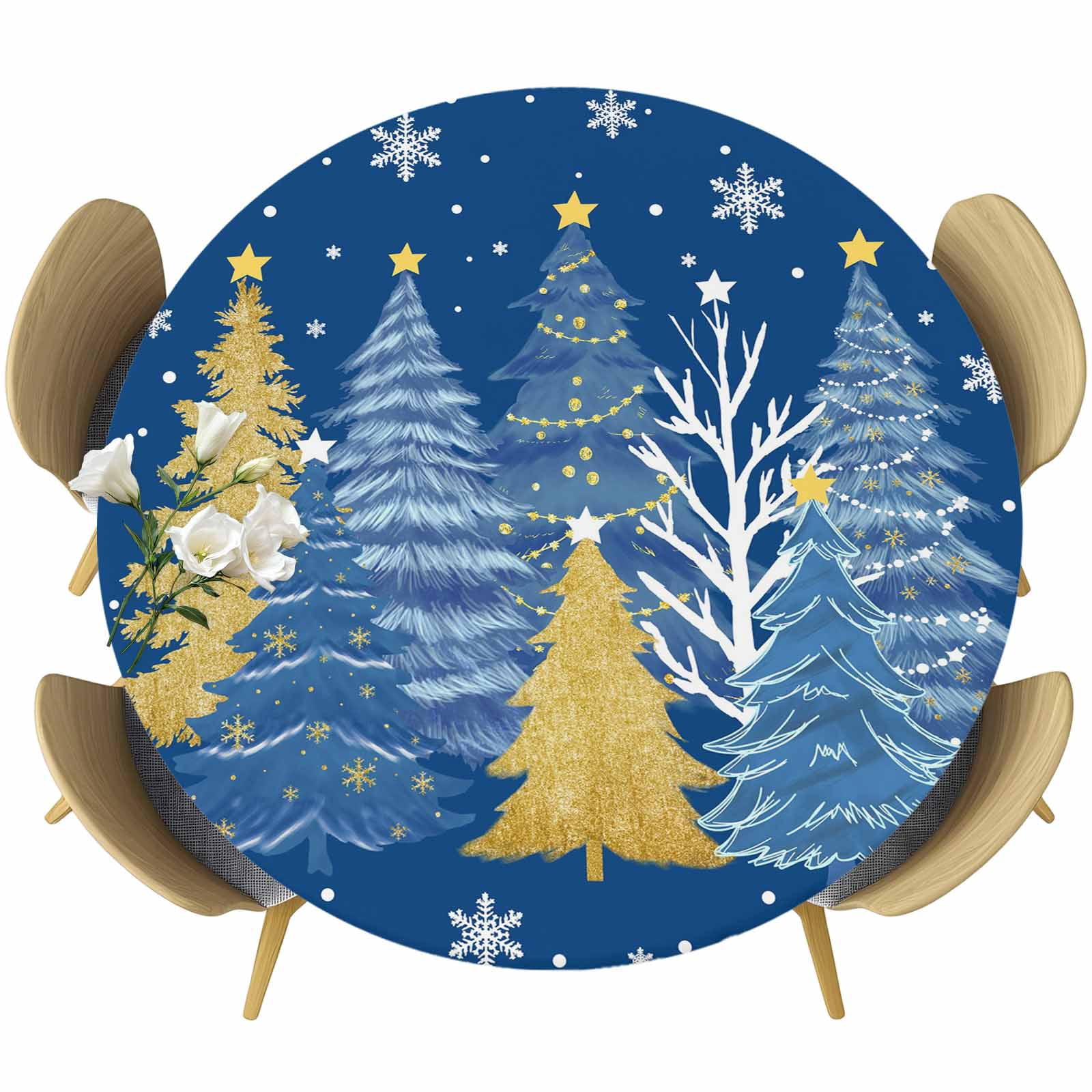 Blue Christmas Tree Round Tablecloth, Fitted Table Cover with Elastic ...