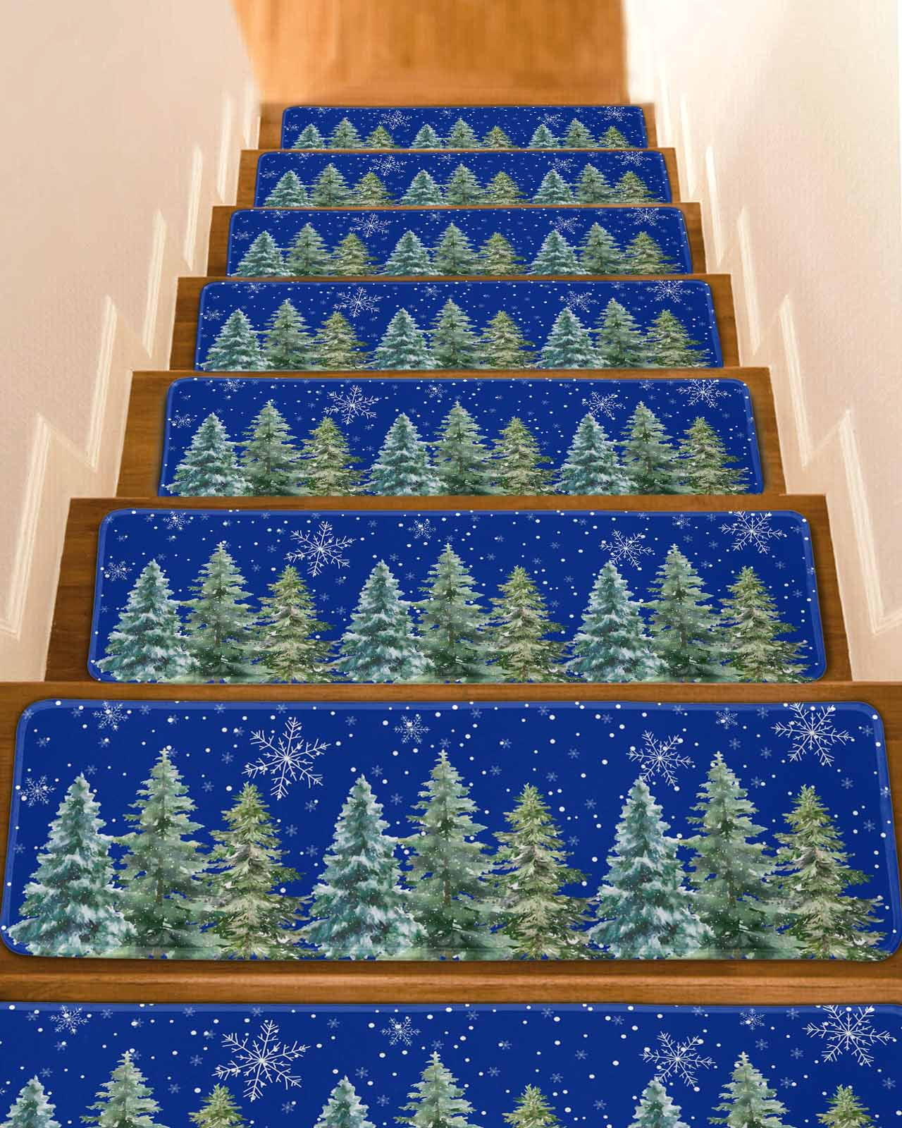 Blue Christmas Tree Stair Treads for Wooden Steps Indoor Runner Rug ...