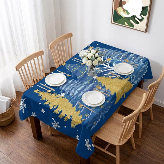 Blue Christmas Tree Table Cloth Waterproof Tablecloths, Blue Golden ...