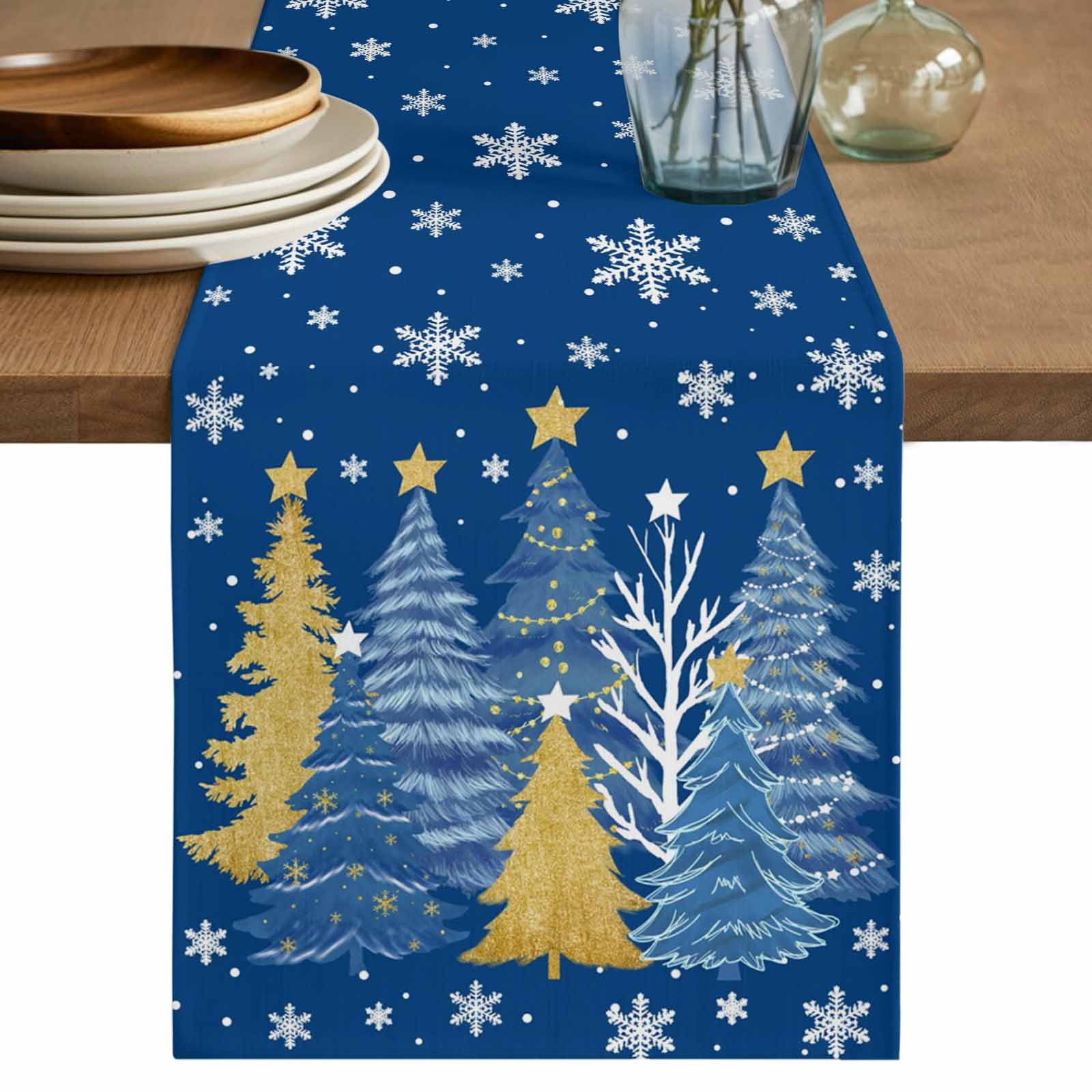 Blue Christmas Tree Table Runner 60 Inches, Blue Golden Xmas Tree ...