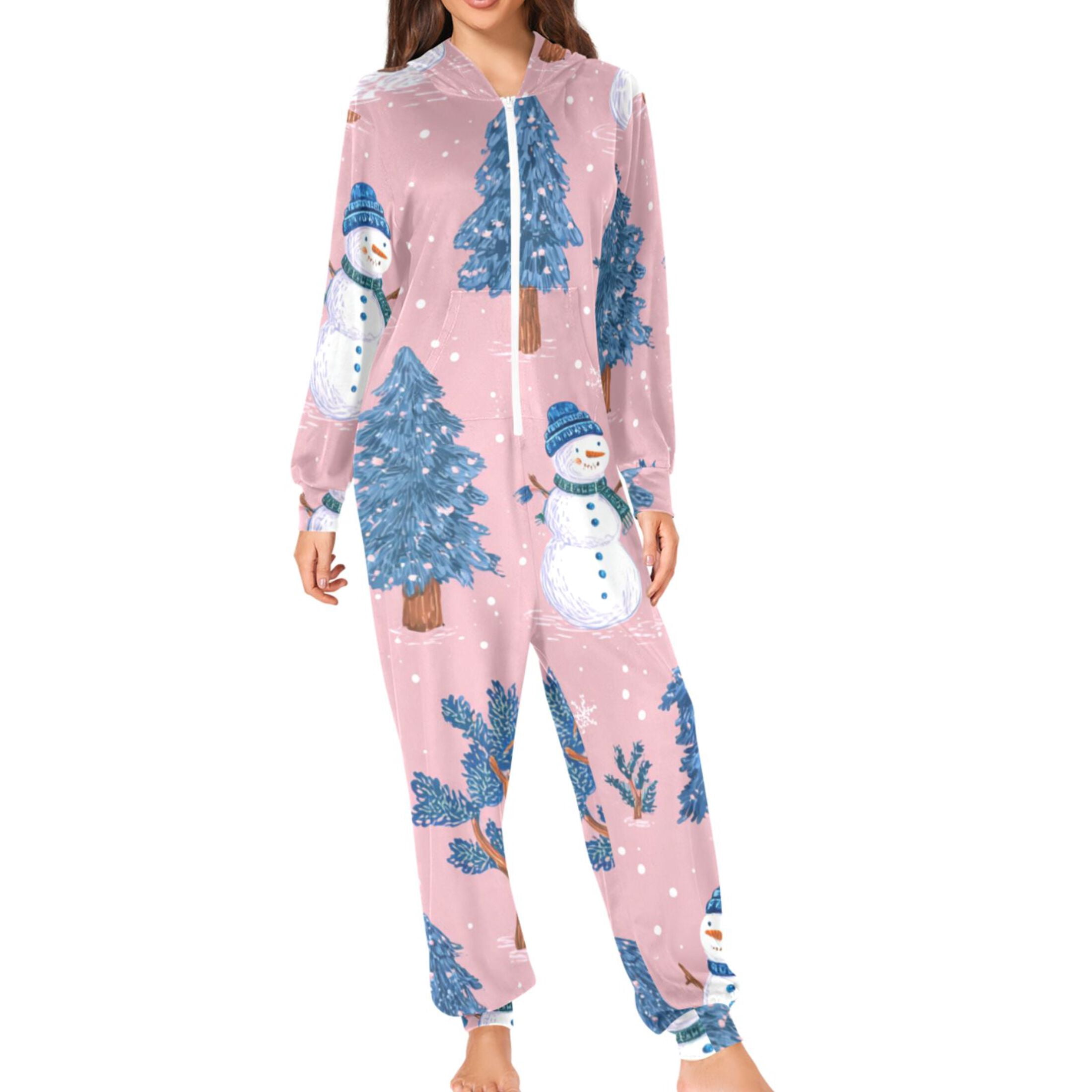 Blue Christmas Trees Snowman Adult's Hoodie Onesie Jumpsuit One-Piece ...