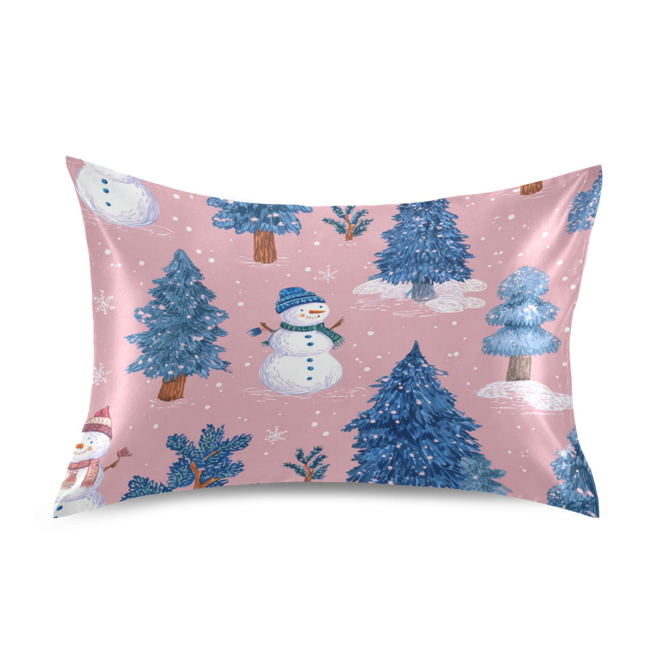 Blue Christmas Trees Snowman Satin Pillowcase Envelope Design Pillow ...