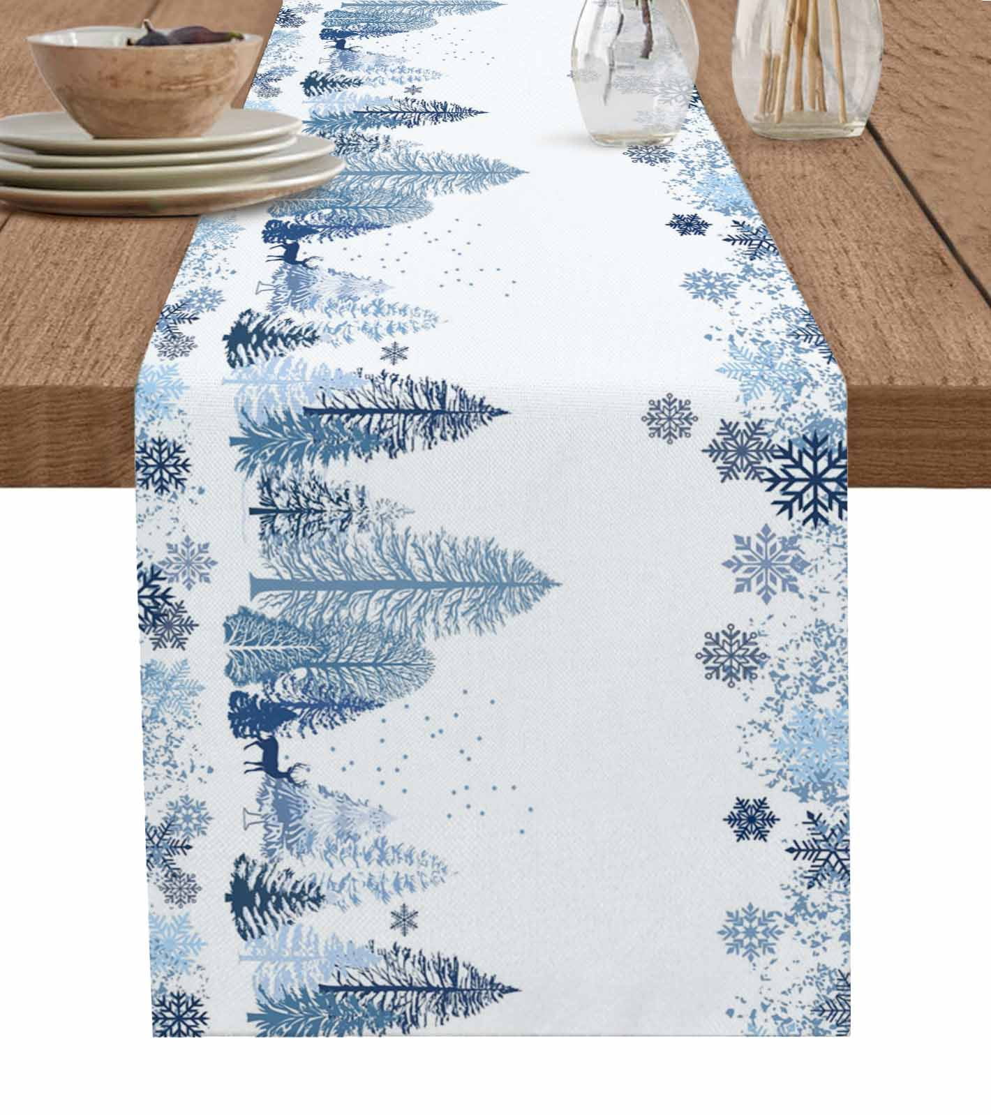 Blue Christmas Trees Table Runner 60 Inches, Xmas Snowflake Snowfall ...