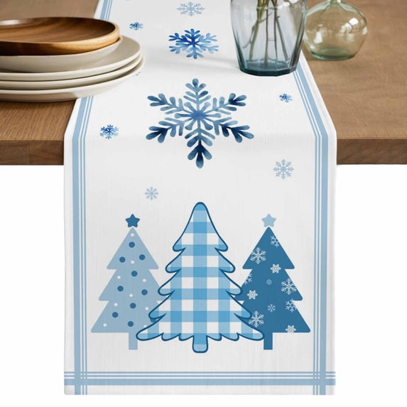 Blue Christmas Trees Table Runner 72 Inches, Navy Winter Snowflakes ...