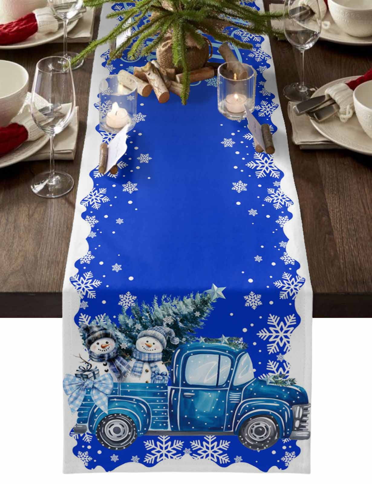 Blue Christmas Truck Cotton Linen Table Runner for Dining Kitchen, Xmas ...