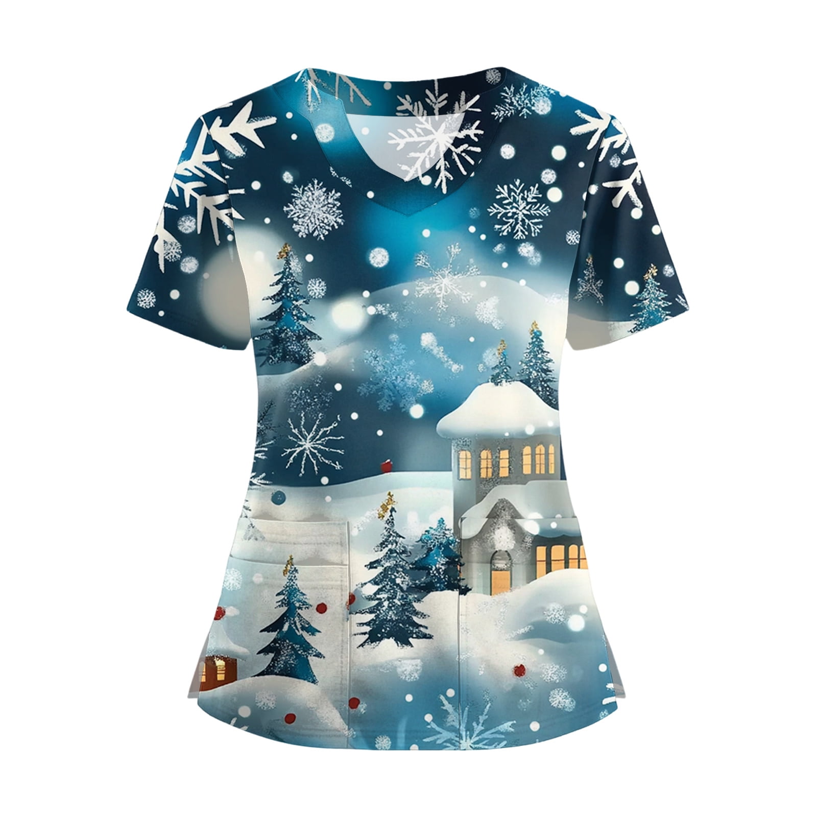 Blue Christmas Tunic Women'S Cute Christmas Print Care Smock V-Neck ...