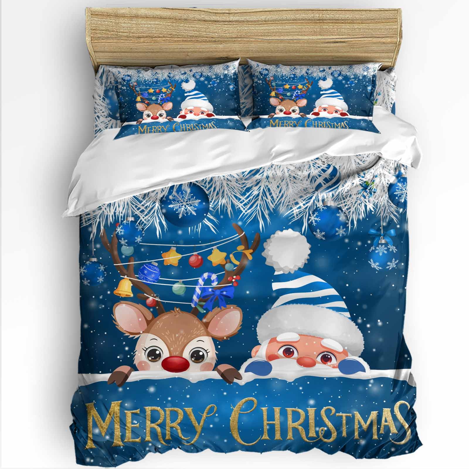 Blue Christmas Twin Size Comforter Set, Cute Santa Claus Deer Winter Snowflake Soft Bedding for ...