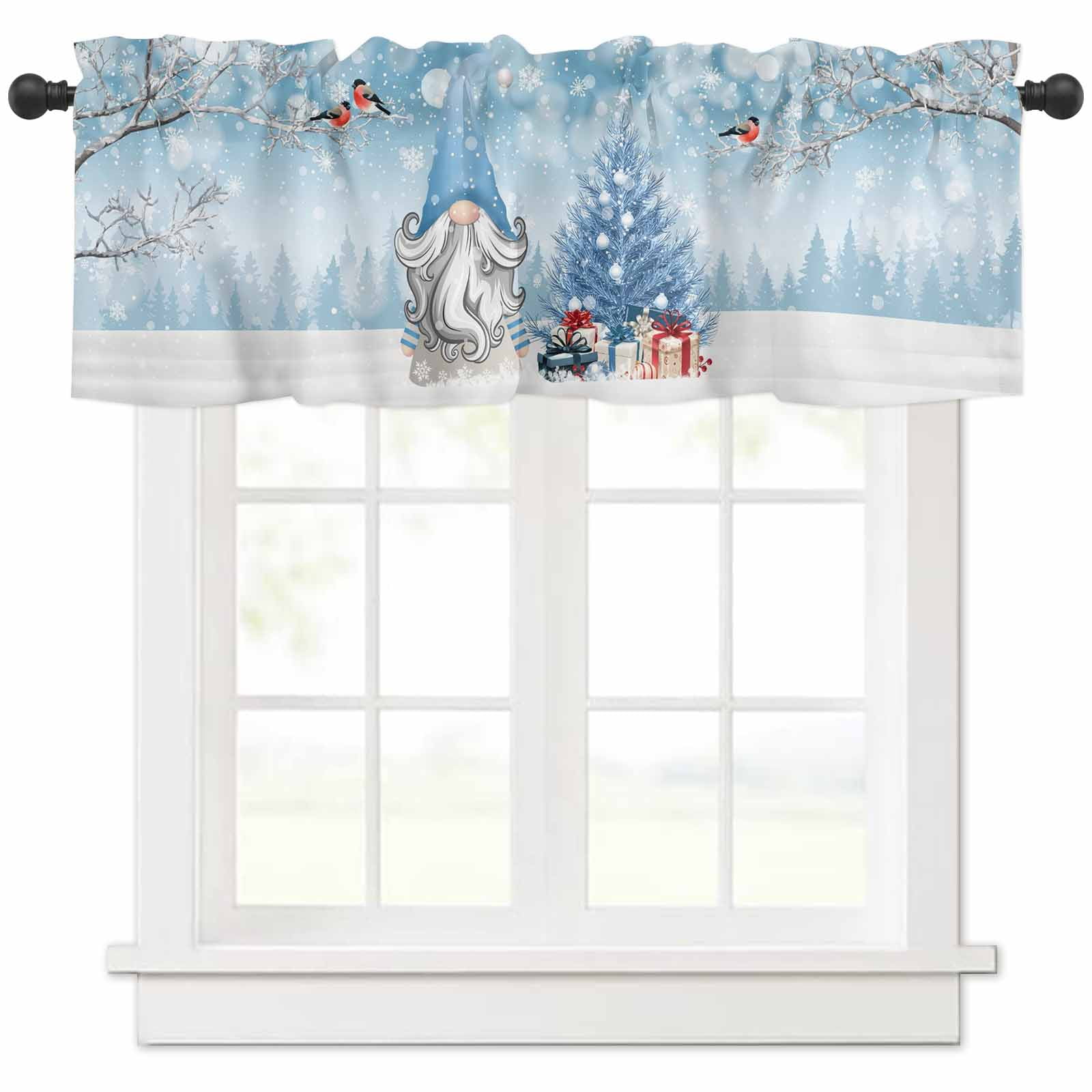 Blue Christmas Valances for Windows, Dwarf Present Tree Bird Snowflake ...