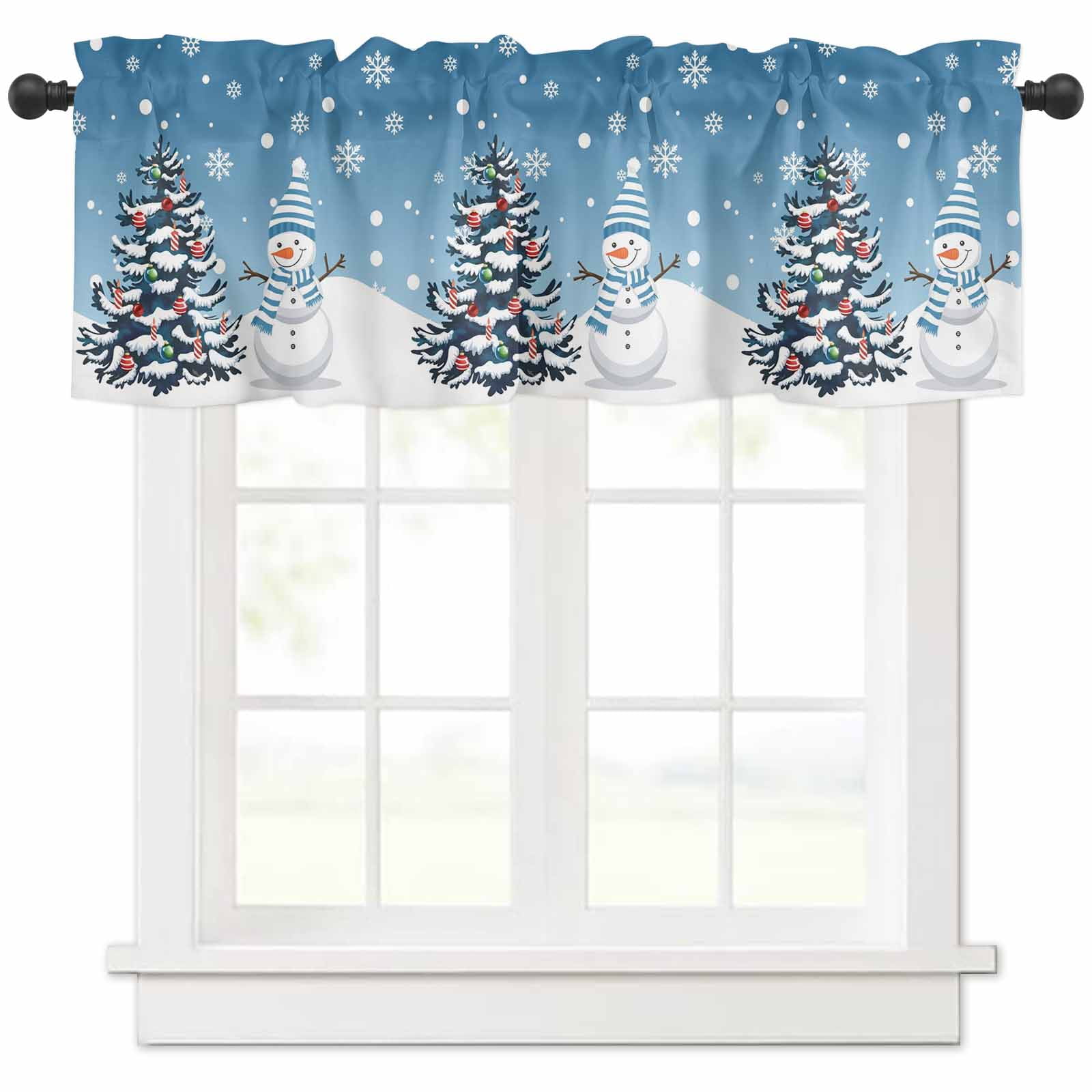 Blue Christmas Valances for Windows, Snowman Christmas Tree Winter ...