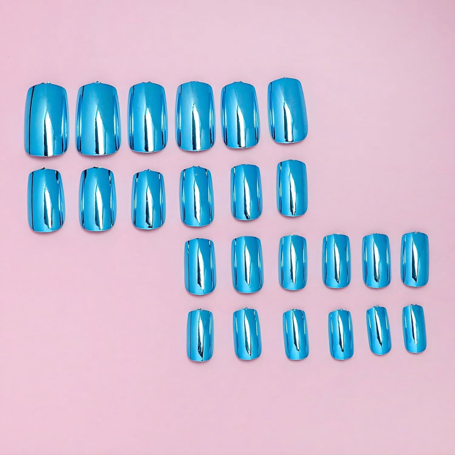 Blue Chrome Press On Nails Short Square, 24pcs Blue Fake Nails Mirror ...