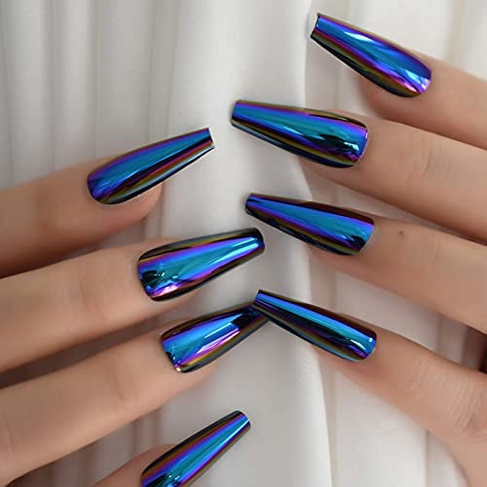 Blue Chrome Press On .. Nails Metallic Mirror Coffin .. Aurora Fake ...