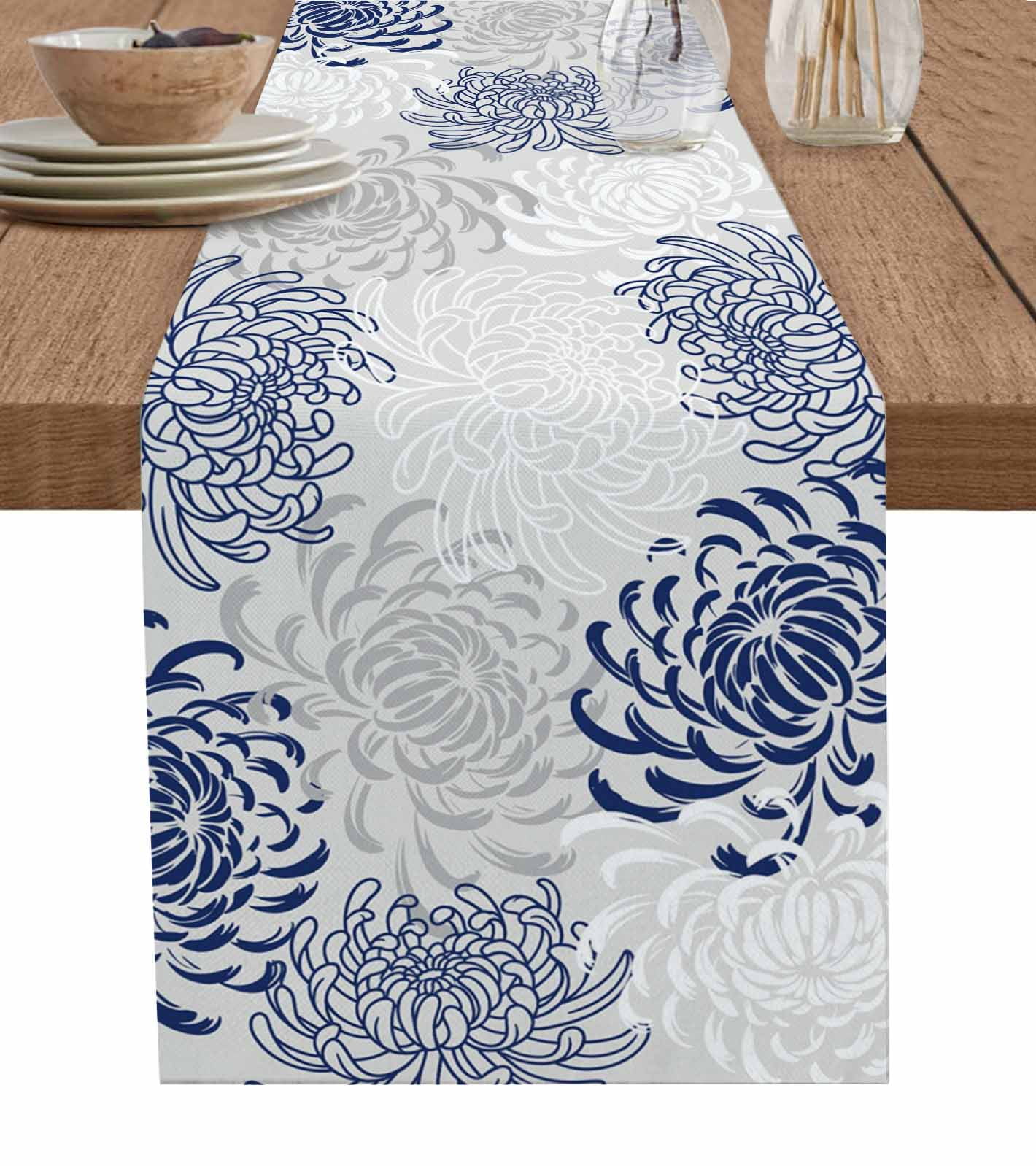 Blue Chrysanthemum Short Table Runners 36 Inches, Cotton Linen Fabric ...