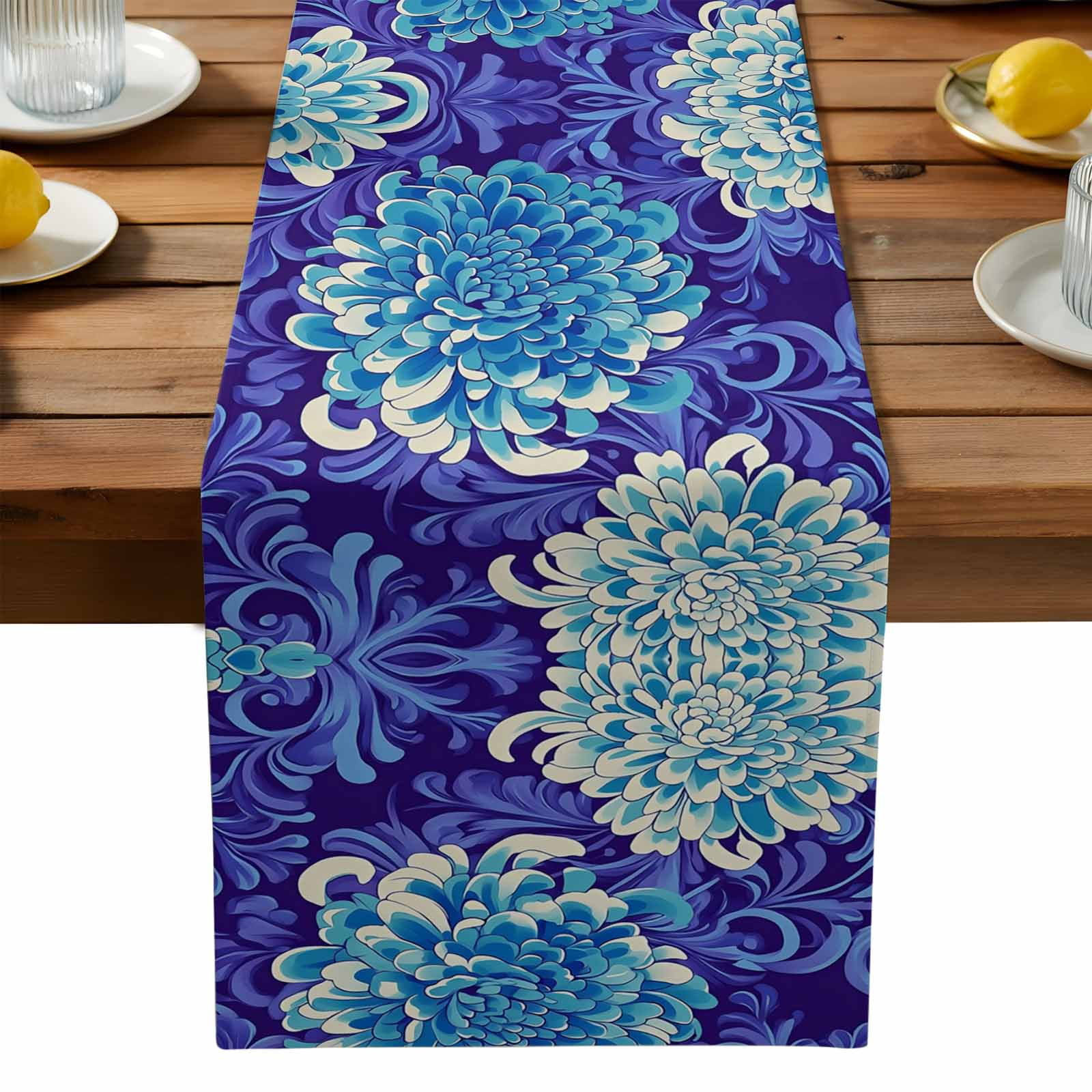 Blue Chrysanthemum Table Runner, Flower Kitchen Table Runners Dress ...