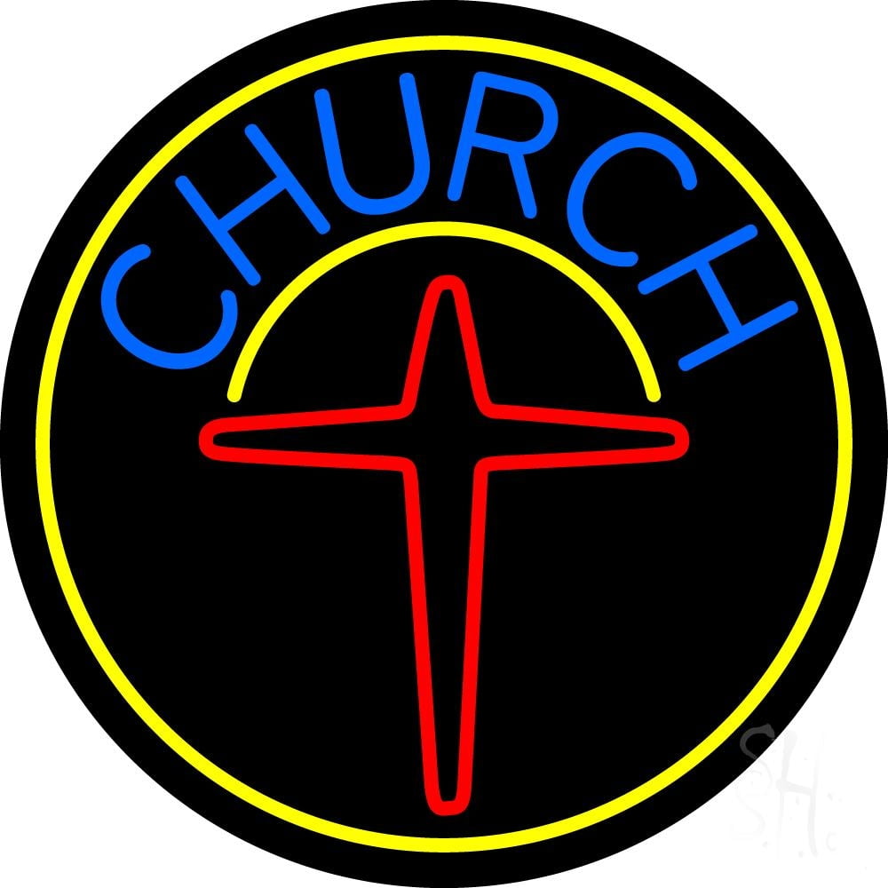 Blue Church With Cross Logo LED Neon Sign 18 X 18 - inches Black Square ...