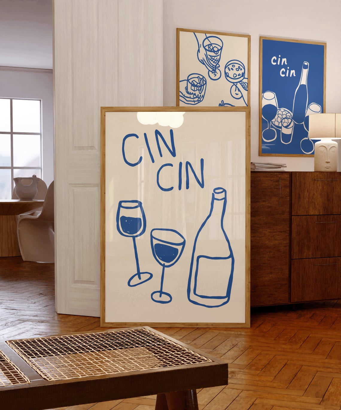 Blue Cin Cin Wine Print, Retro Kitchen Wall Art, Unframed Paper Poster ...