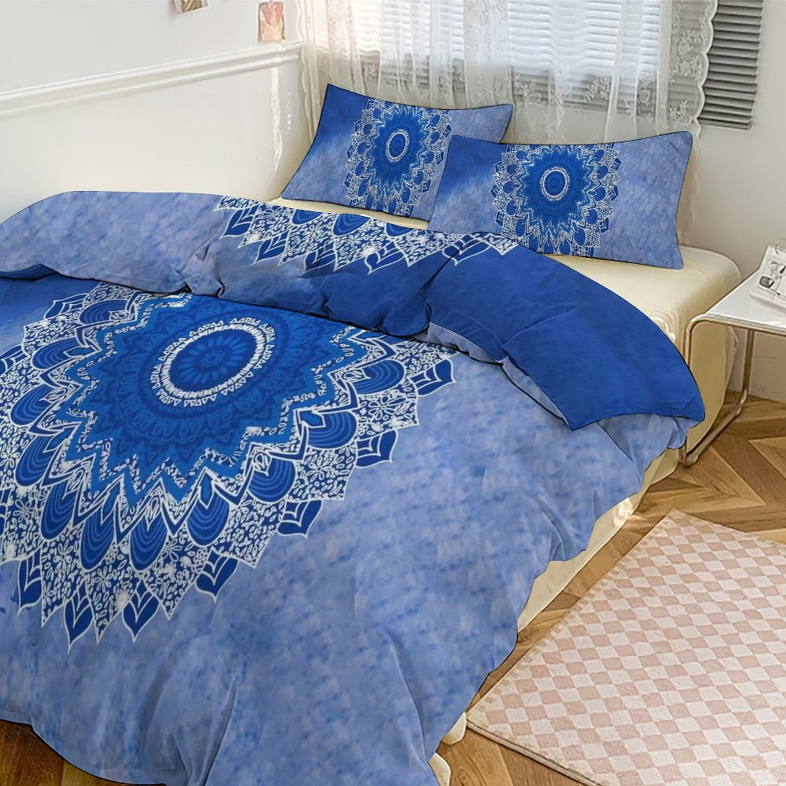 Blue Circle Floral Mandala Texture 79"x90" 3 Pcs Soft Bedding Set ...