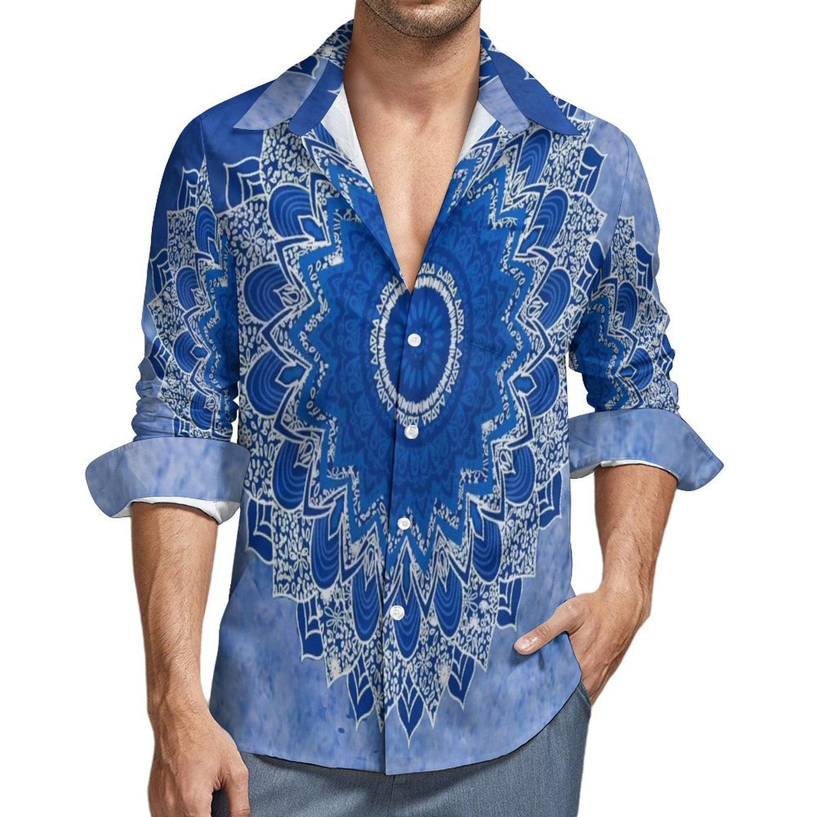 Blue Circle Floral Mandala Texture Hawaiian Shirt for Men Long Sleeve Button Down Beach Shirts ...