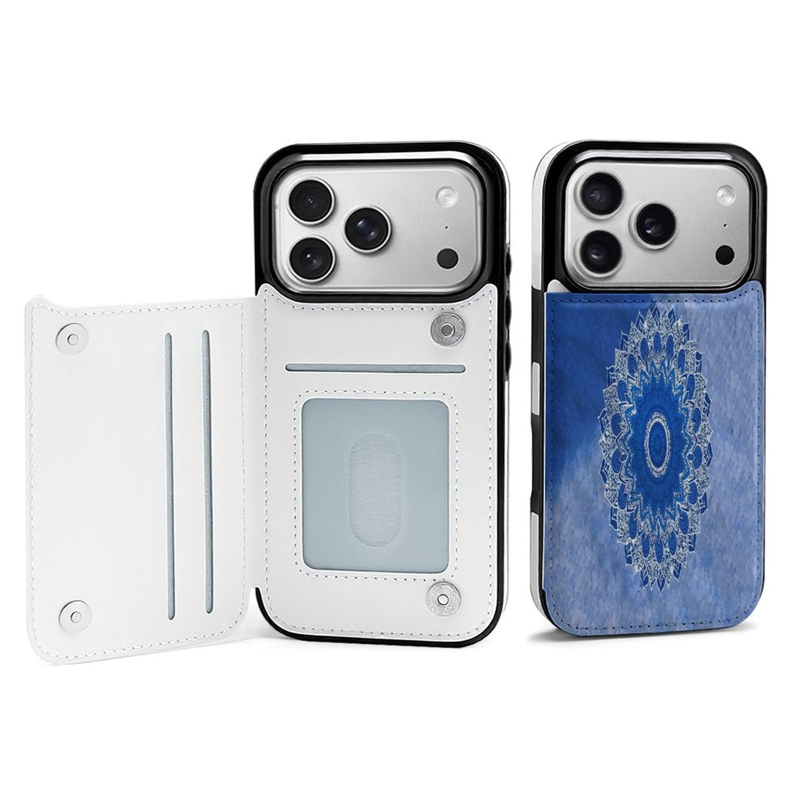 Blue Circle Floral Mandala Texture Leather Wallet Case for iPhone 17 ...