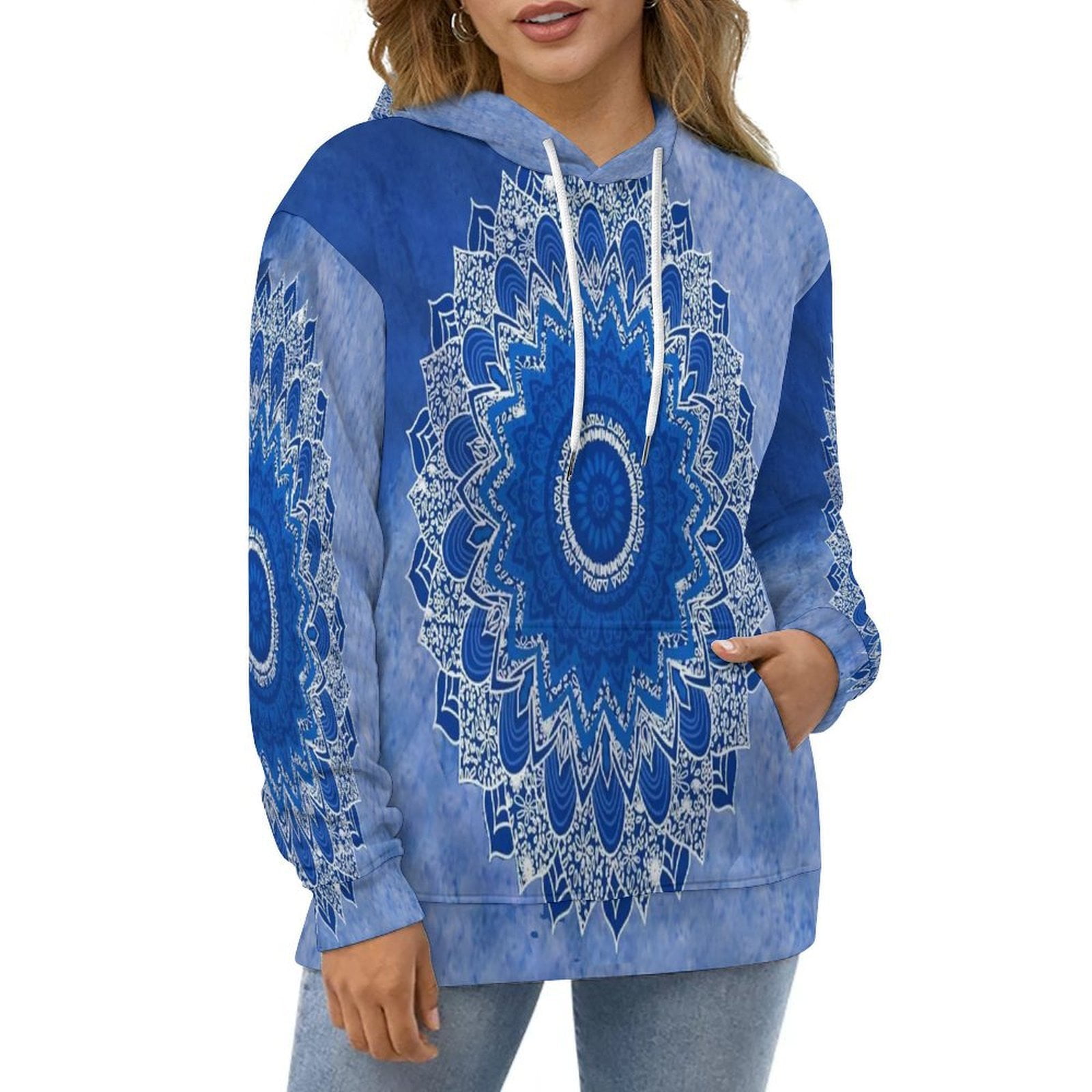 Blue Circle Floral Mandala Texture Oversized Hoodies For Woman Pullover ...