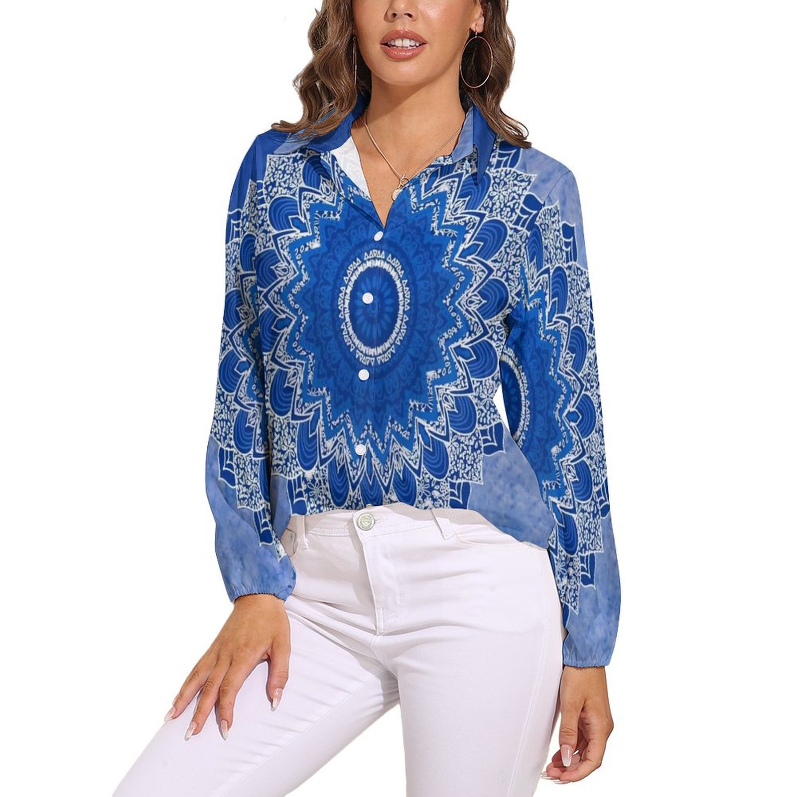 Blue Circle Floral Mandala Texture Vntage Casual Long Sleeve Shirt ...