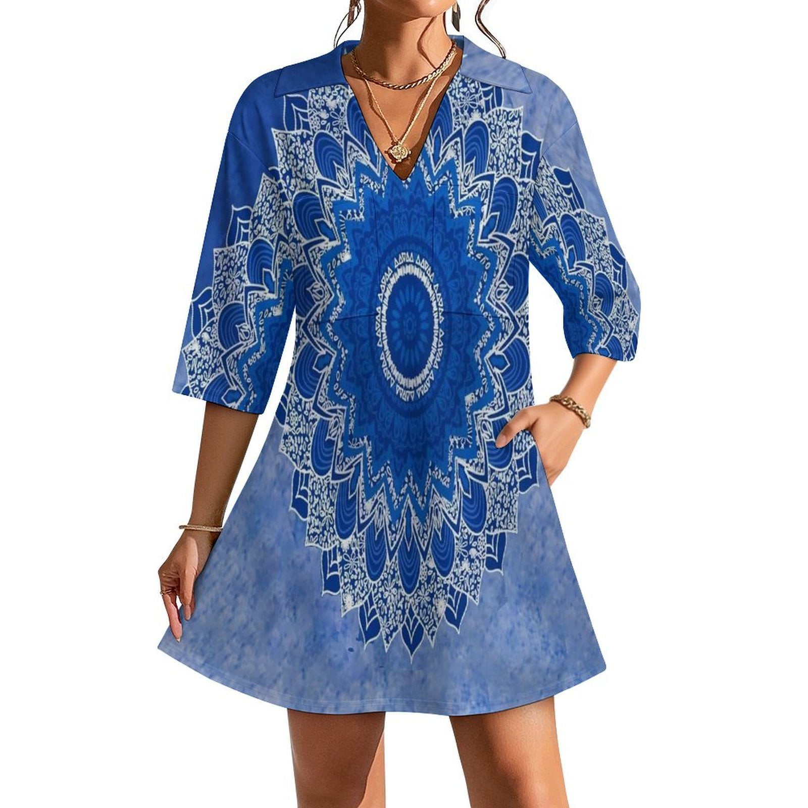 Blue Circle Floral Mandala Texture Womens Dress With Pockets Summer V ...