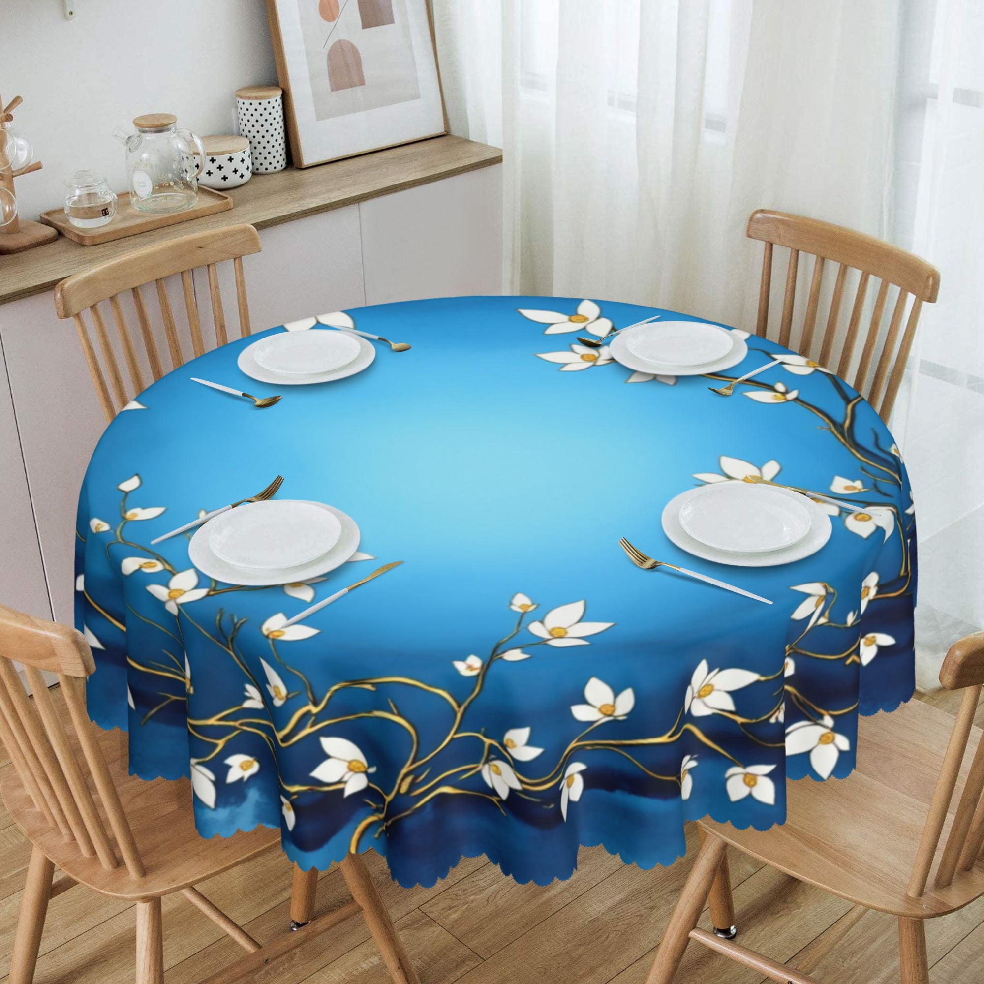 Blue Circle White Flowers Round Tablecloth Waterproof Oil Proof Spill ...