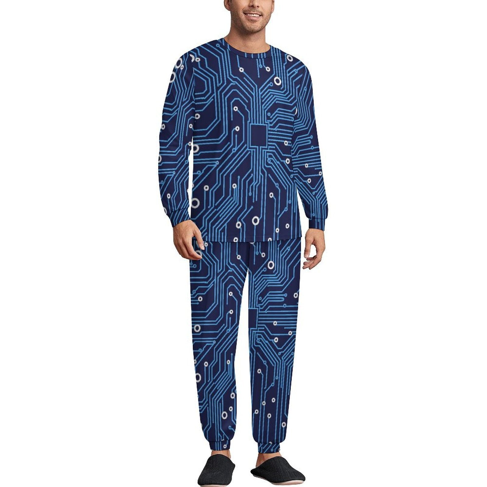 Blue Circuit Board Pattern Pajamas Men Long Sleeves Pajama Sets 2 ...