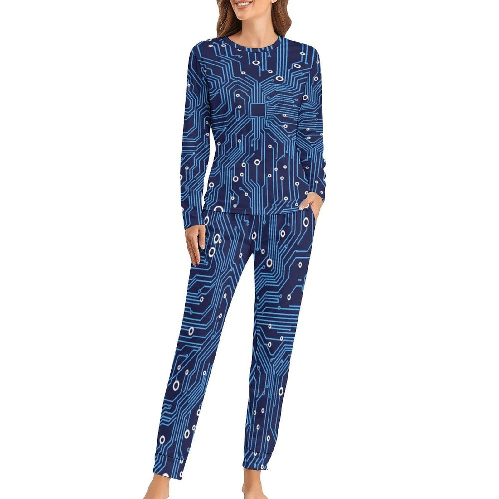 Blue Circuit Board Pattern Pajamas Woman Long Sleeves Cute Pajama Sets ...