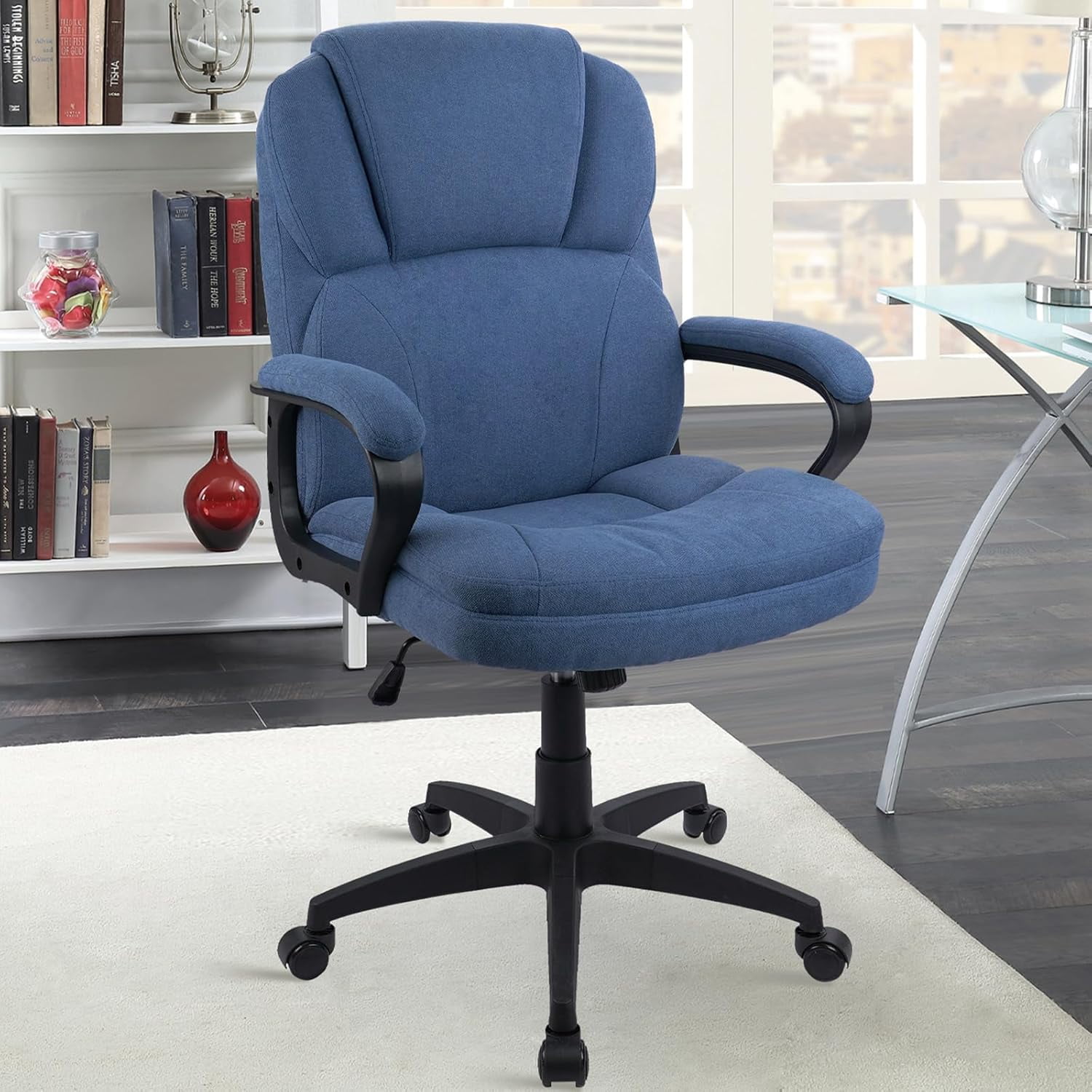 Blue Cloth Office Chair Fabric Covered Desk Chair, Adjustable Height ...