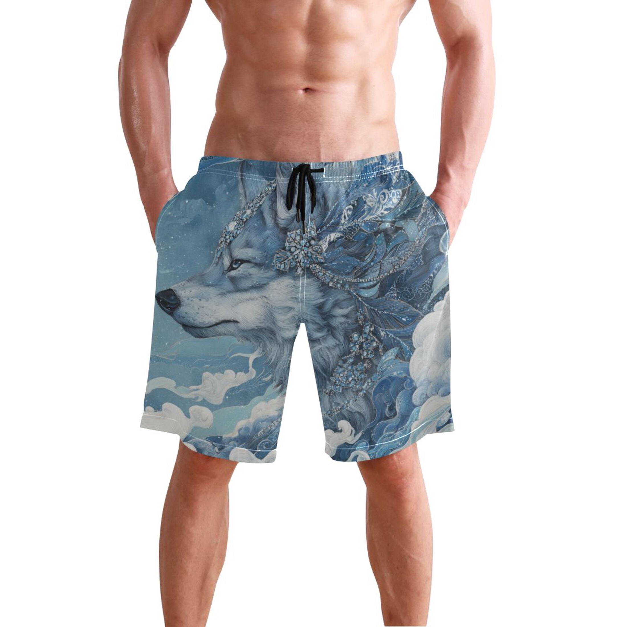 Blue Clouds Around Wolf Men's Swim Trunks Beach Shorts Bathing Bottoms ...