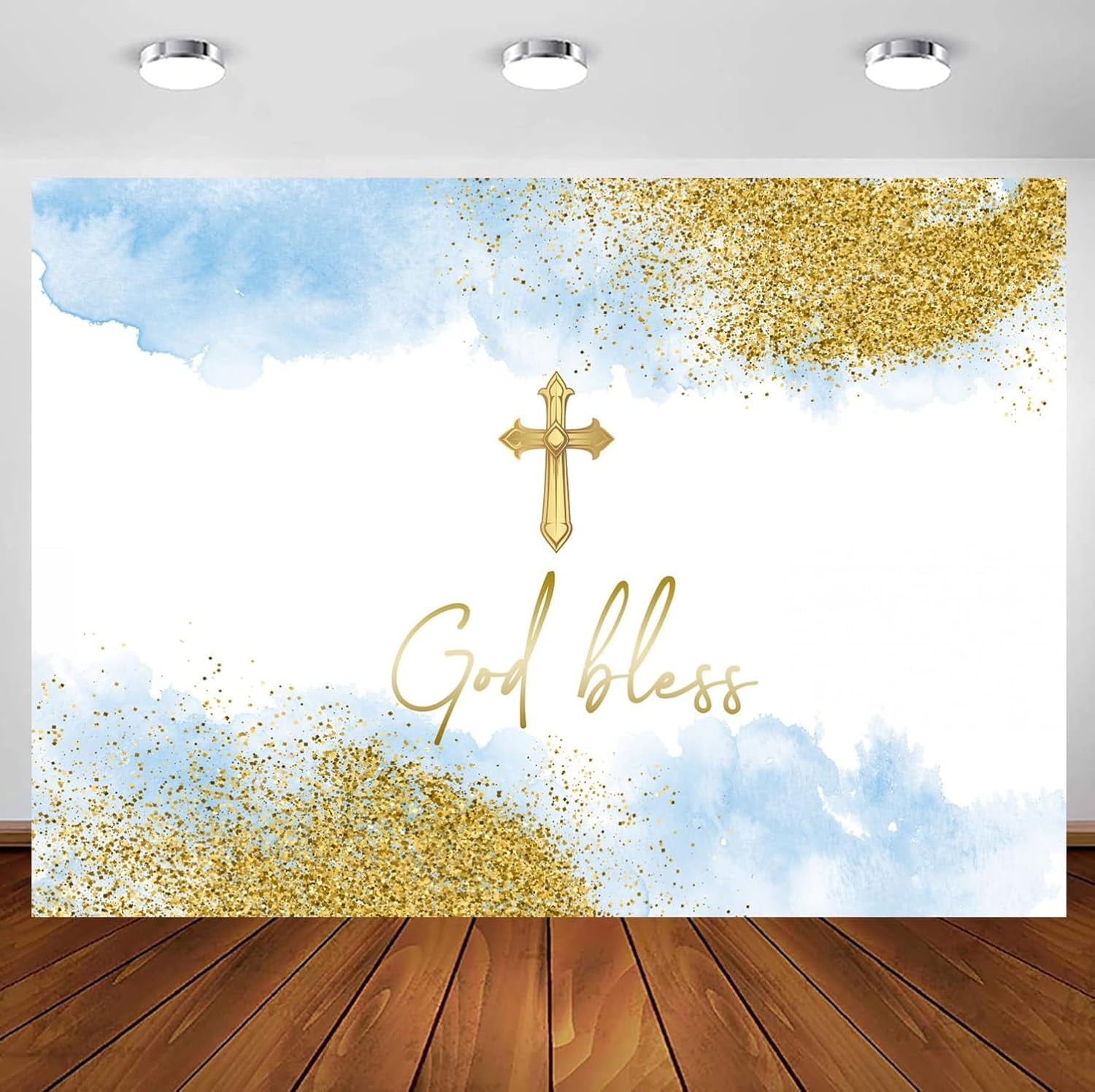 Blue Clouds God Bless Backdrop for Boy Watercolor Gold Cross Baptism Mi ...