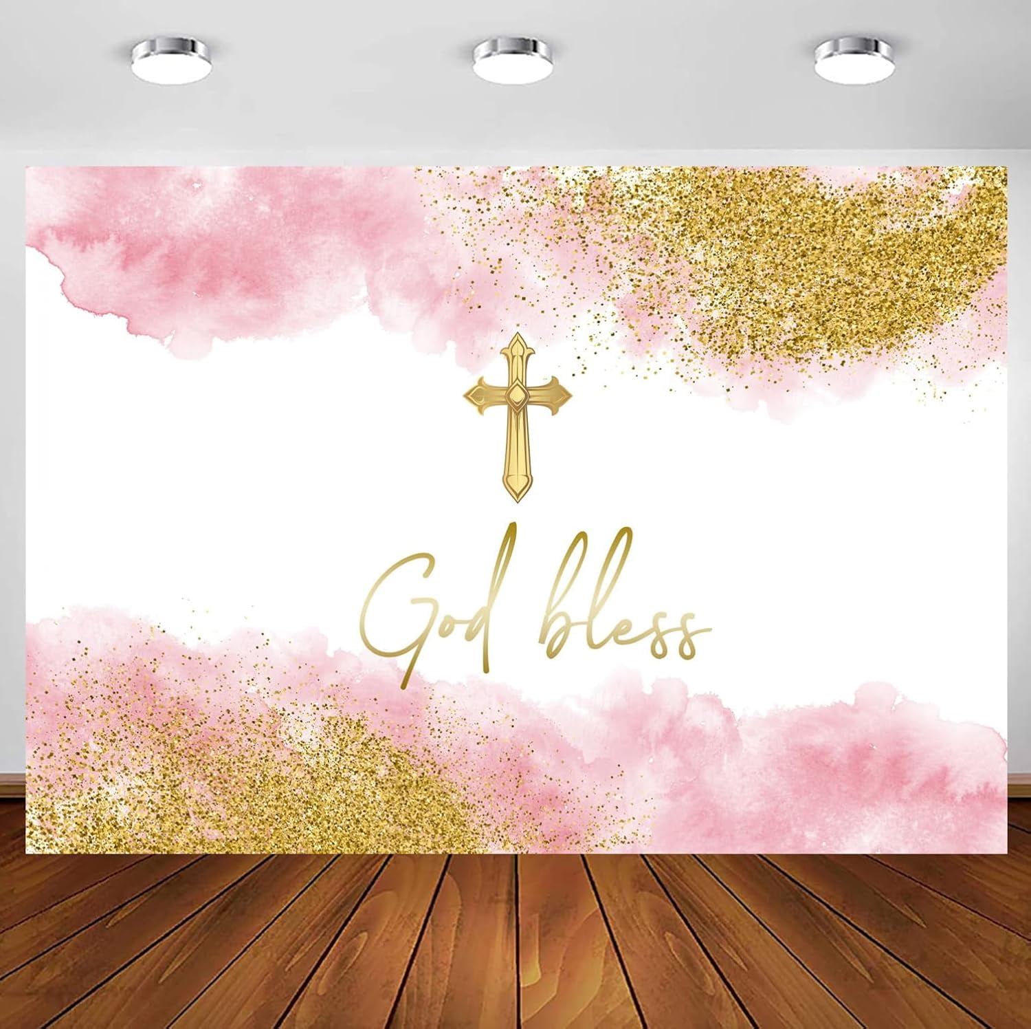 Blue Clouds God Bless Backdrop for Girl Watercolor Gold Cross Baptism ...