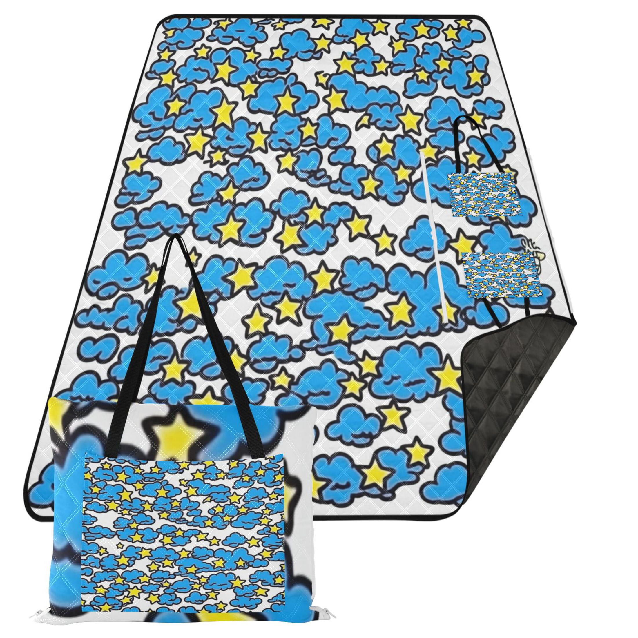 Blue Clouds and Stars 60x80in Waterproof Picnic Mat, Foldable Backpack ...