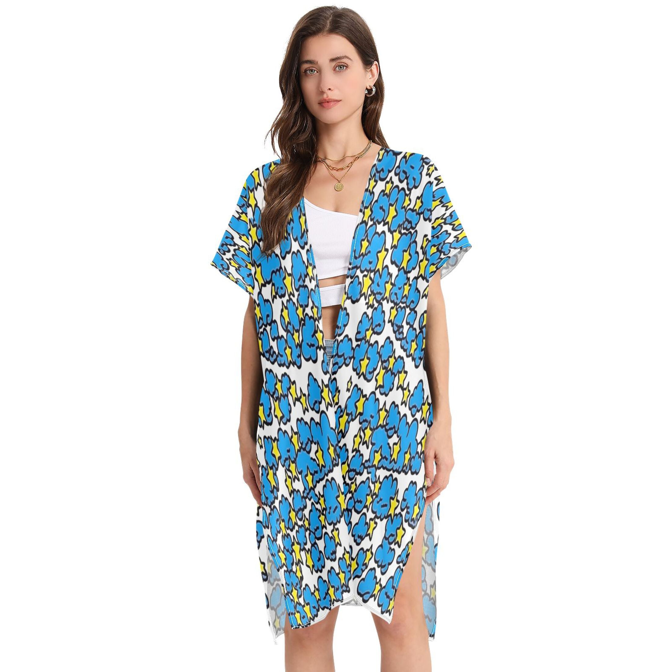 Blue Clouds and Stars Women's Swimwear Cover Up Summer Cardigan Beach ...