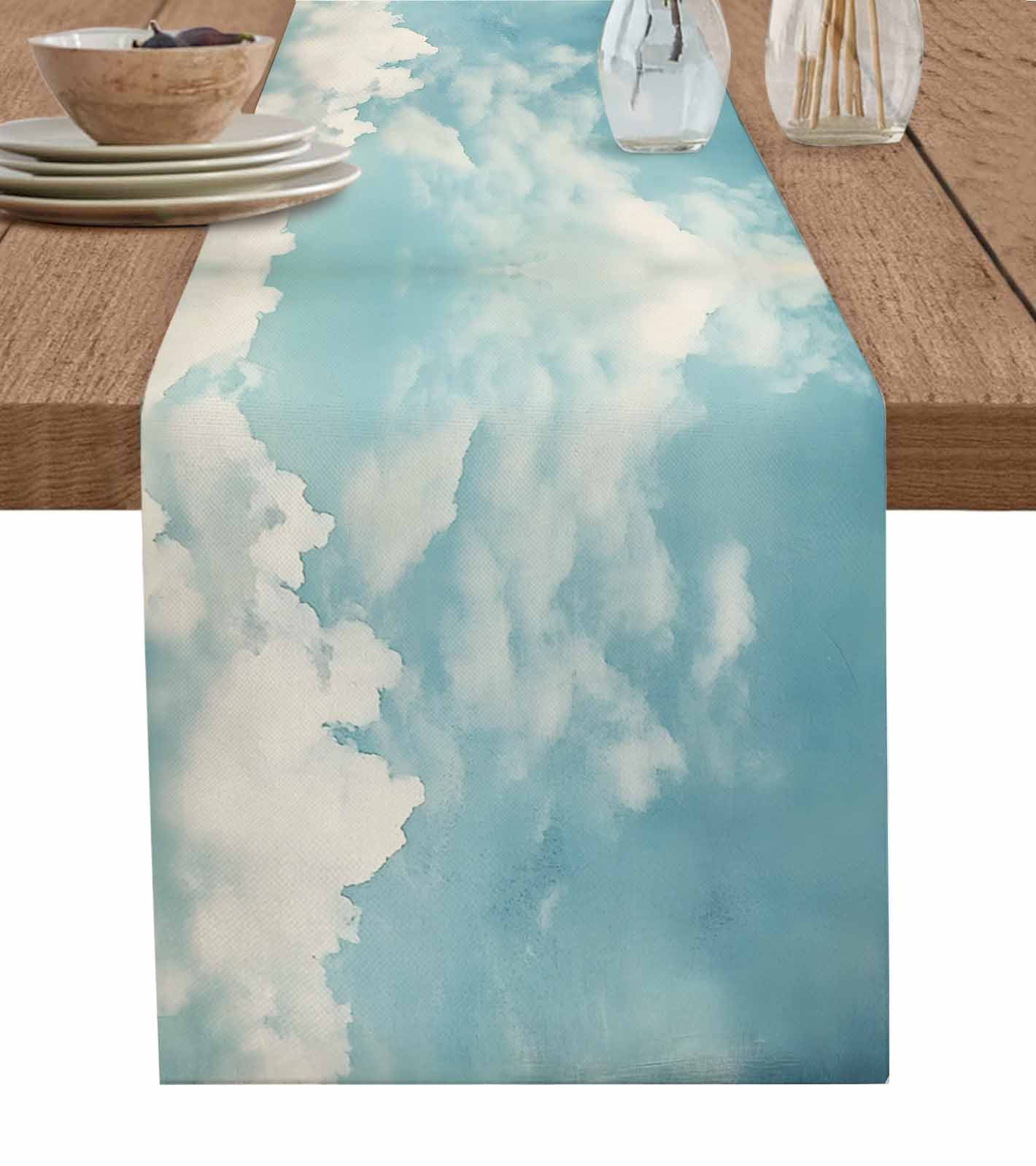 Blue Cloudy Sky Table Runner 72 Inches, Modern Vintage Nature Scenery ...
