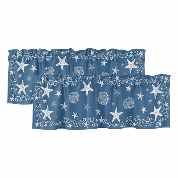 Blue Coastal 2 Panels Kitchen Valance, Starfish Shell Summer Beach ...