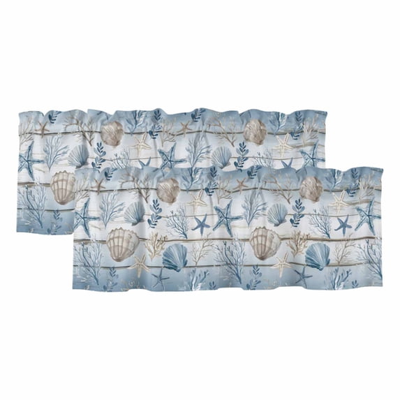 Blue Coastal 2 Panels Kitchen Valance, Summer Starfish Shell Coral ...
