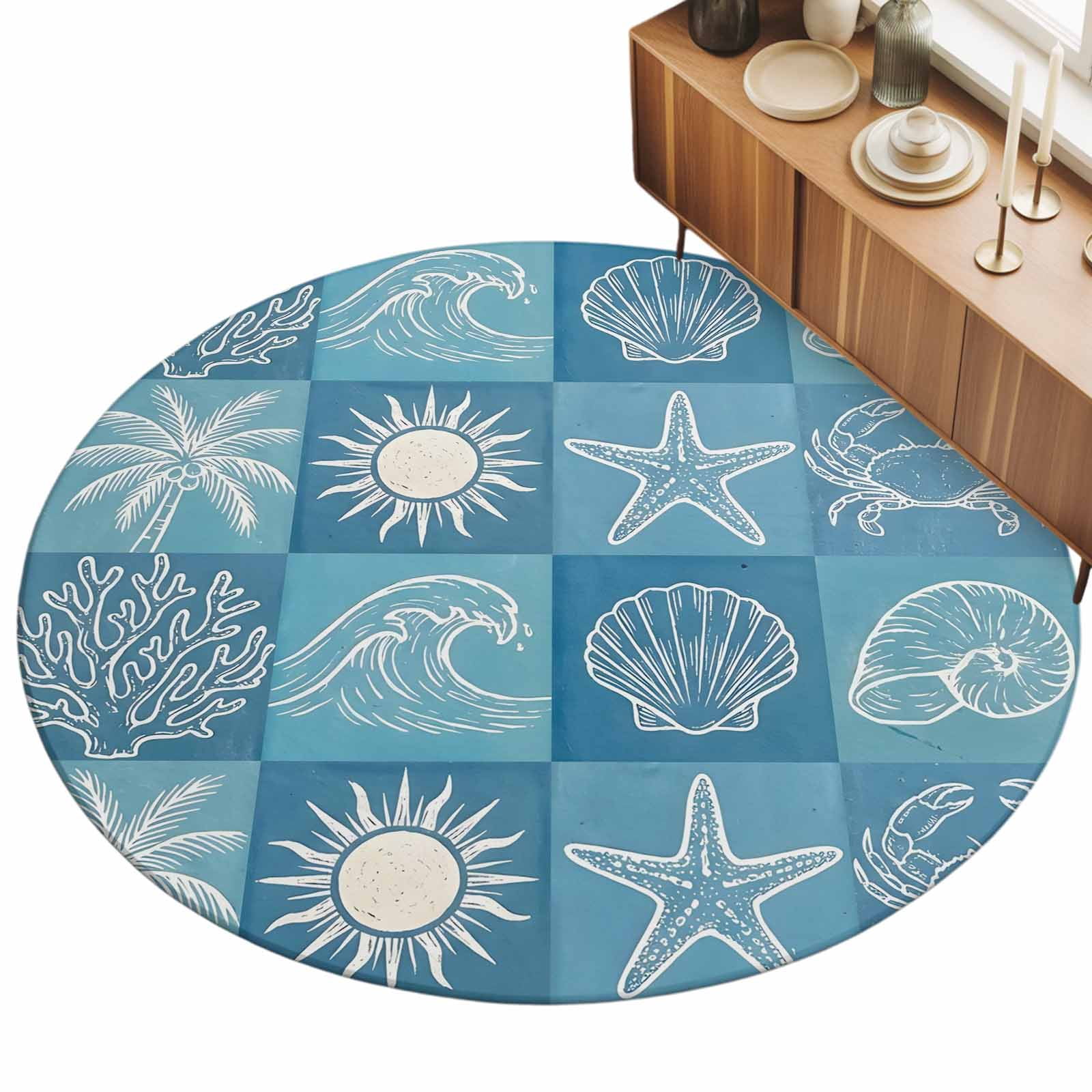 Blue Coastal 5ft Non Slip Round Area Rug Summer Ocean Waves Shell Crab ...