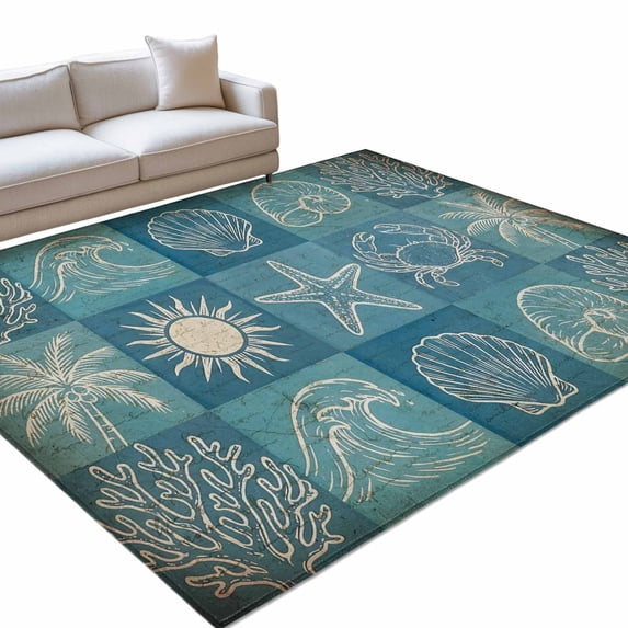 Blue Coastal 8x10ft Non Slip Area Rug Summer Ocean Waves Shell Crab ...