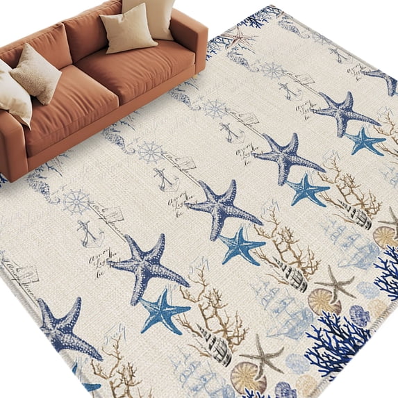 Blue Coastal Area Rug 8x10 Washable Rug Non Slip Summer Starfish Beach ...