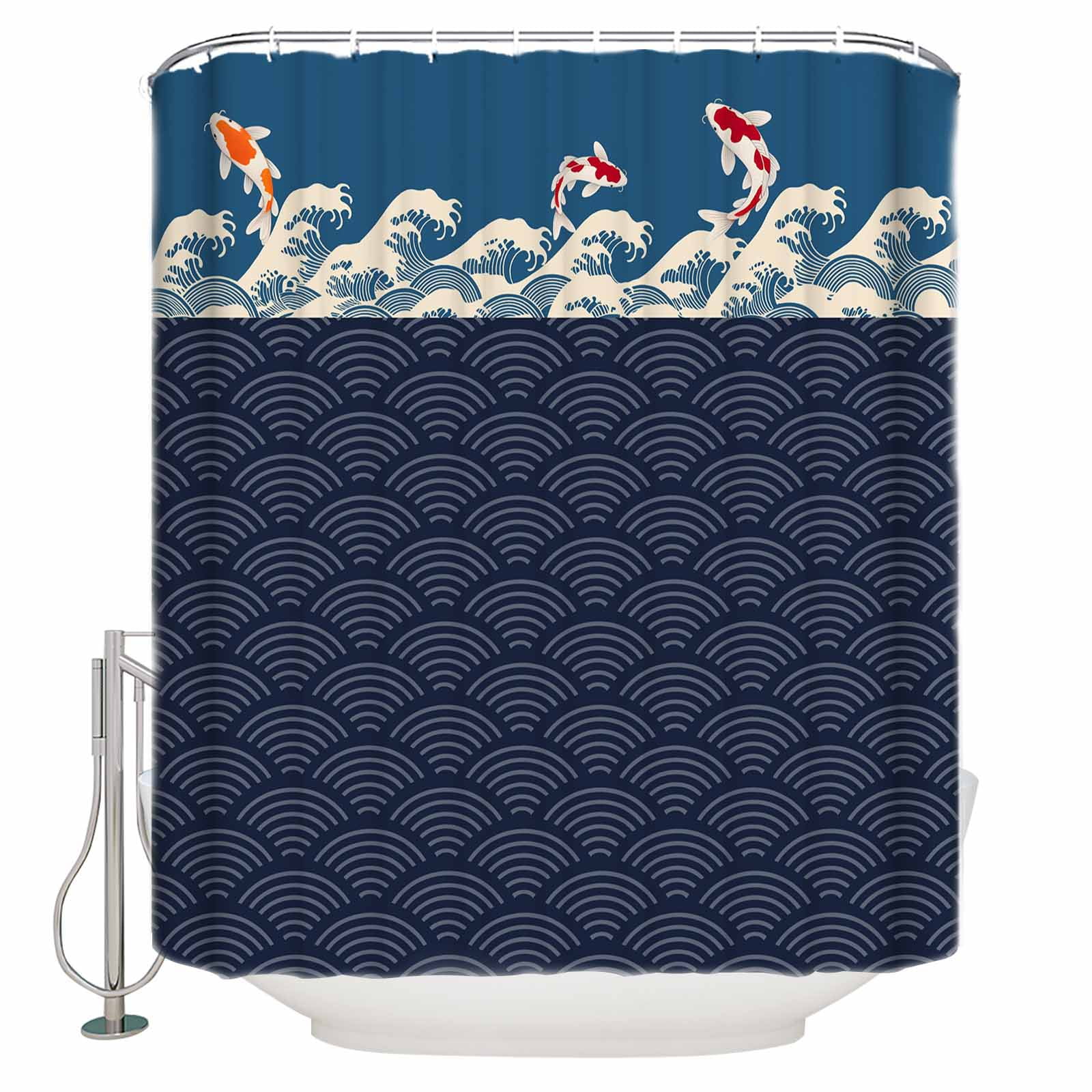 Blue Coastal Bathroom Shower Curtains with 12 Hooks Polyester ...