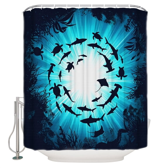 Blue Coastal Bathroom Shower Curtains with 12 Hooks Polyester ...