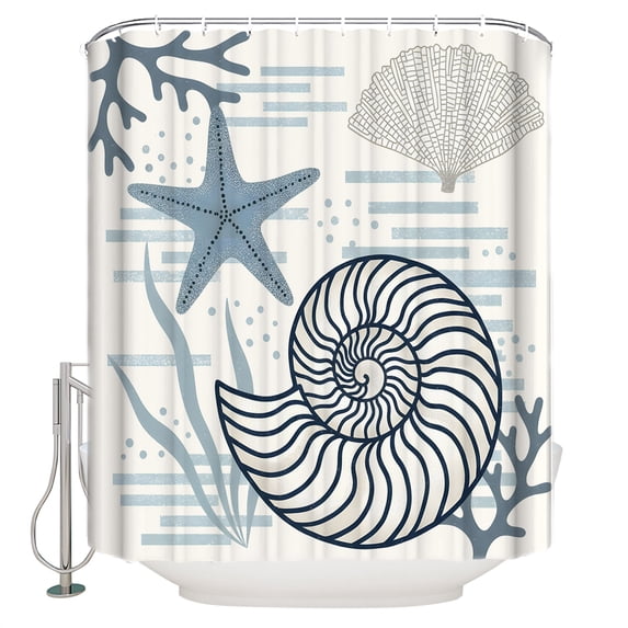 Blue Coastal Bathroom Shower Curtains with 12 Hooks Polyester ...
