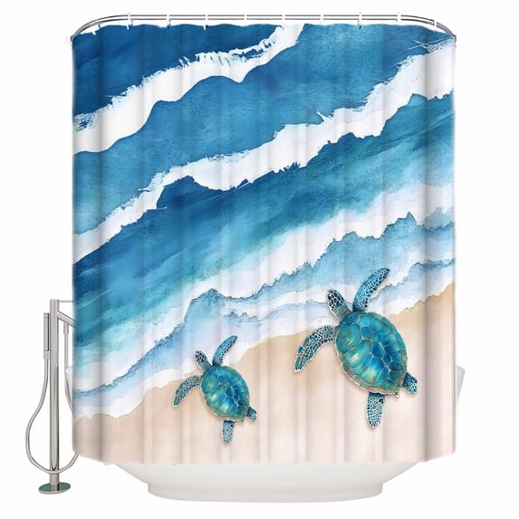 Blue Coastal Bathroom Shower Curtains with 12 Hooks Polyester ...