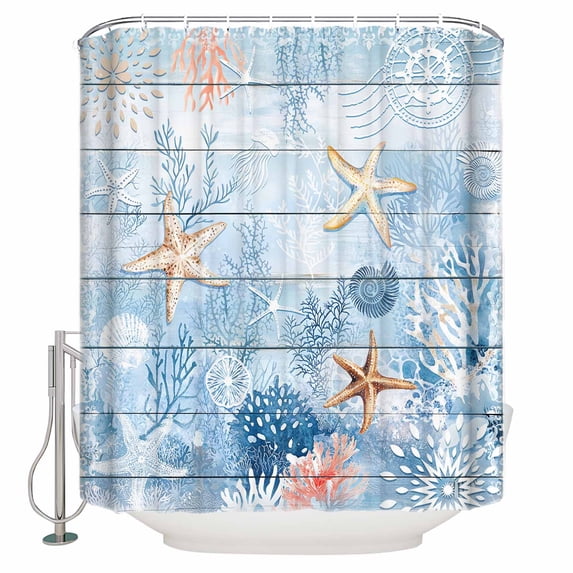 Blue Coastal Bathroom Shower Curtains with 12 Hooks Polyester ...
