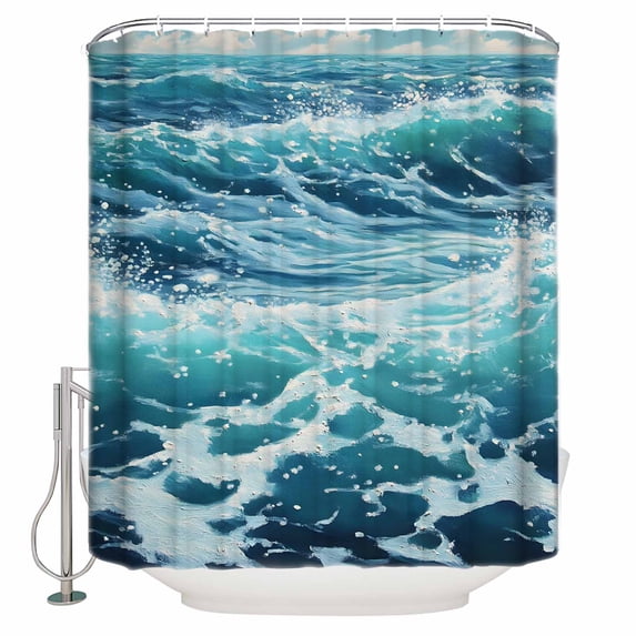 Blue Coastal Bathroom Shower Curtains with 12 Hooks Polyester ...